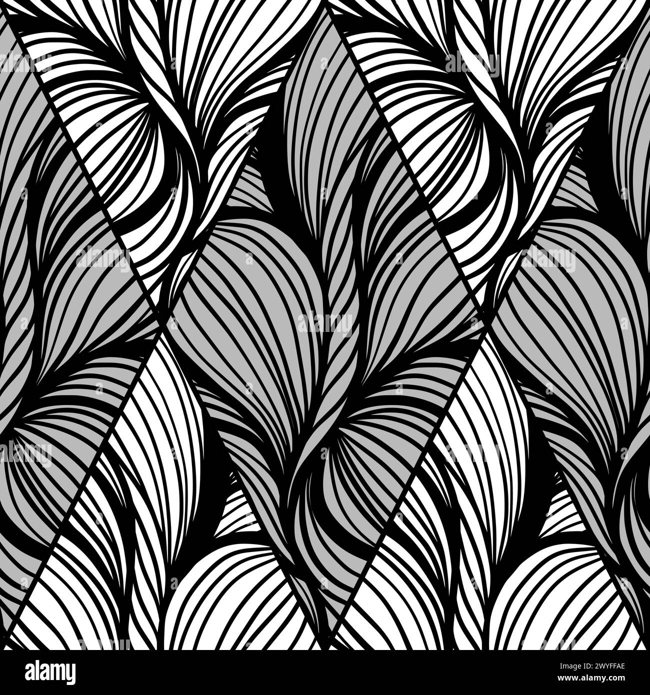 Black and Grey Line Art Wavy Lines Vector Seamless Pattern for Textile ...