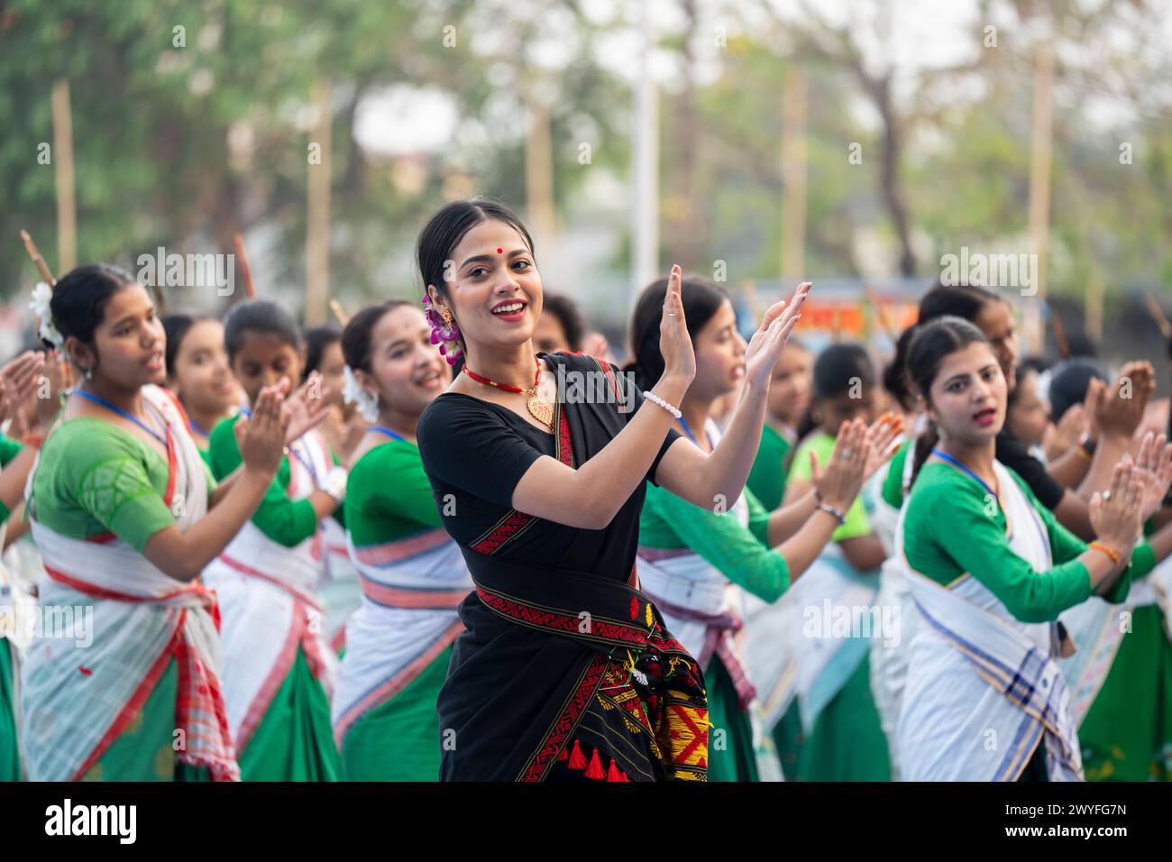An instructor dance Bihu as she teach bihu dance at a workshop, ahead ...