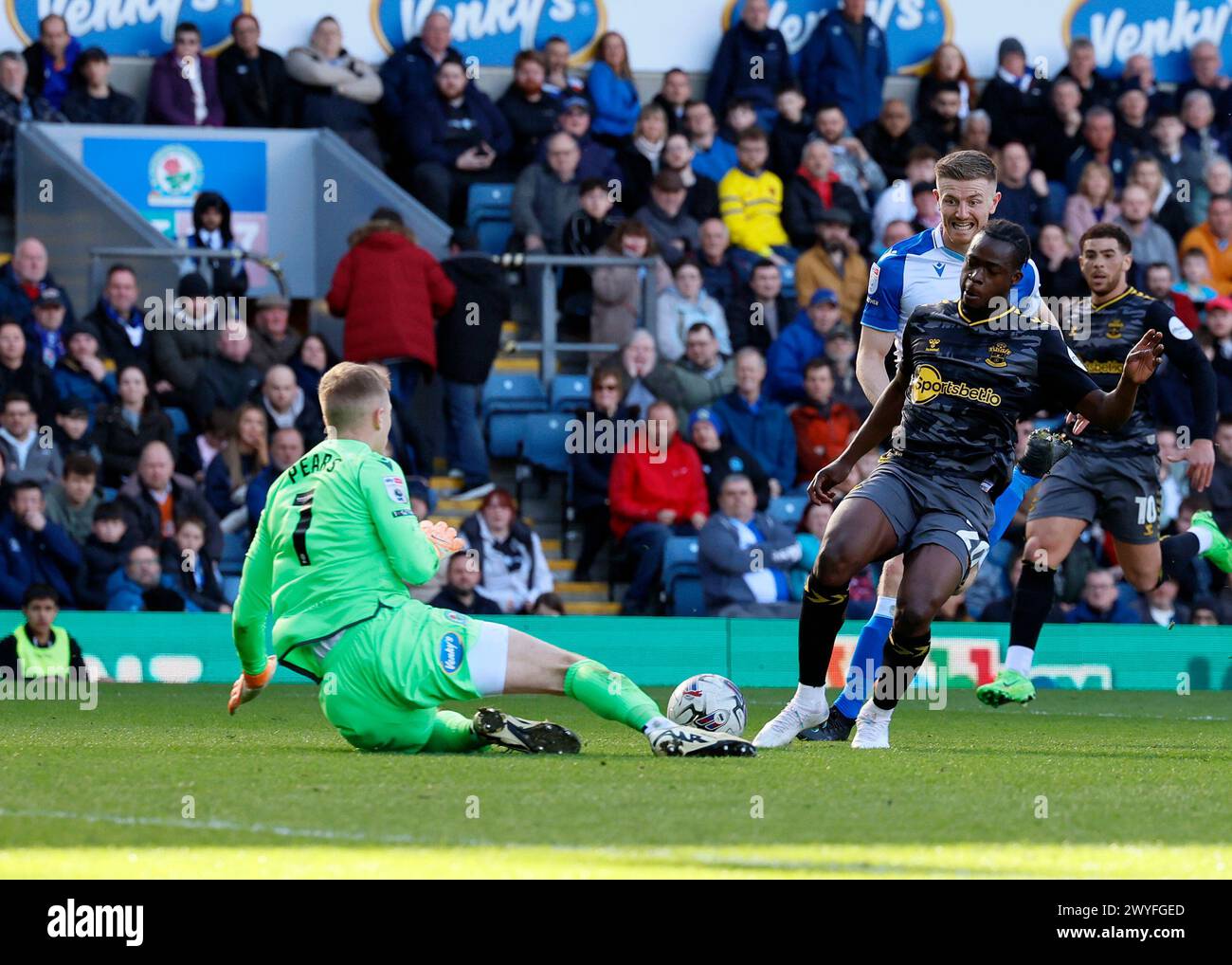 Blackburn Rovers goalkeeper Aynsley Pears stops Southampton's Kamaldeen ...
