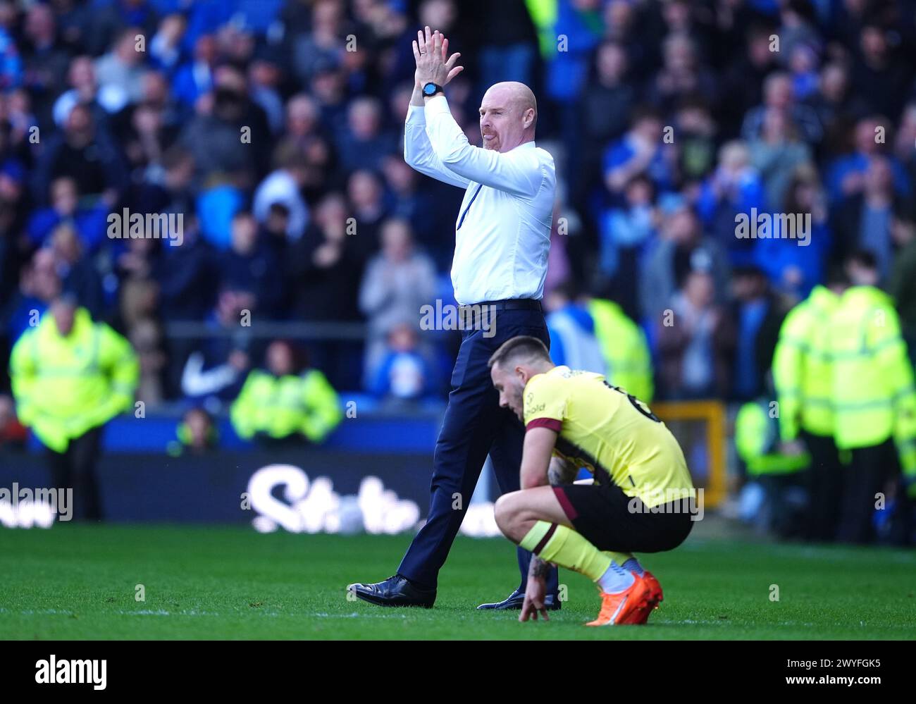 Everton manager Sean Dyche applauds the fans after victory following ...