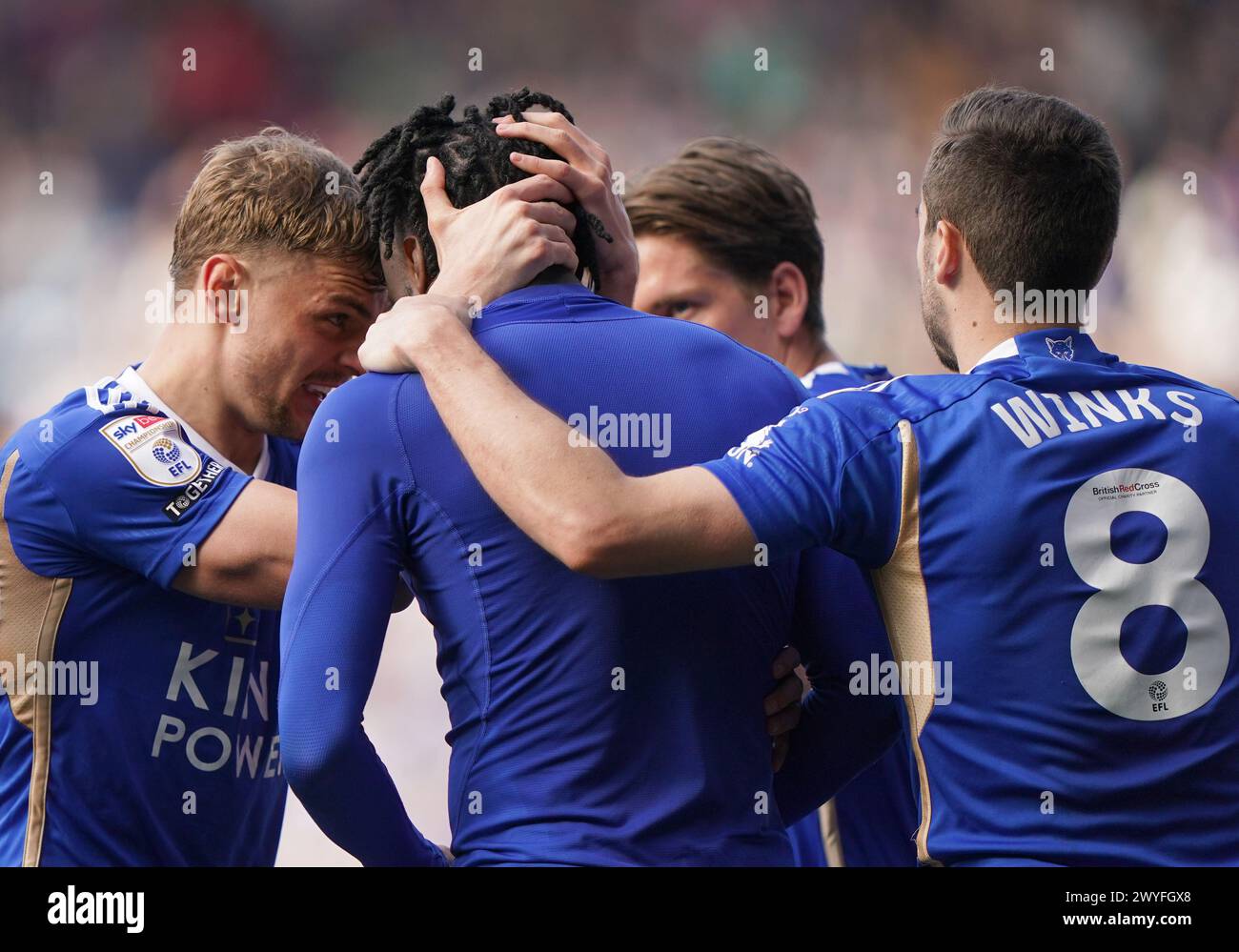 Leicester City's Stephy Mavididi (left) celebrates with team-mates ...
