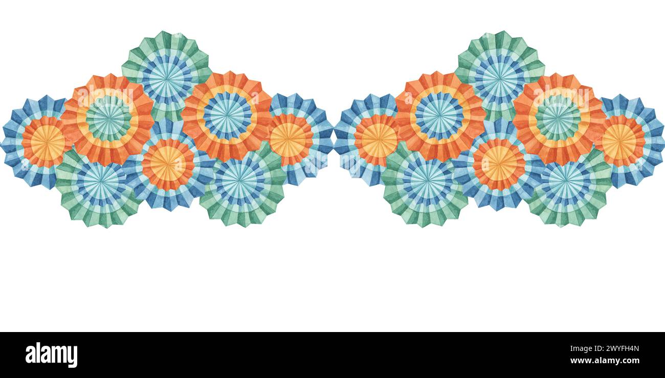 Seamless geometric border from fiesta flowers. Hand drawn watercolor ...