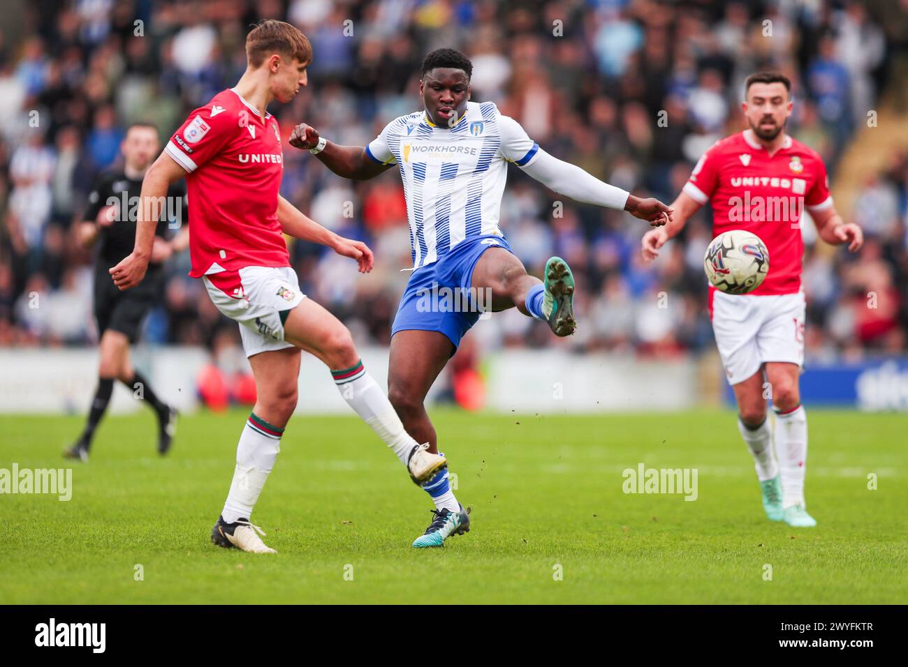 Colchester United's Samson Tovide battles for the ball against Wrexham ...
