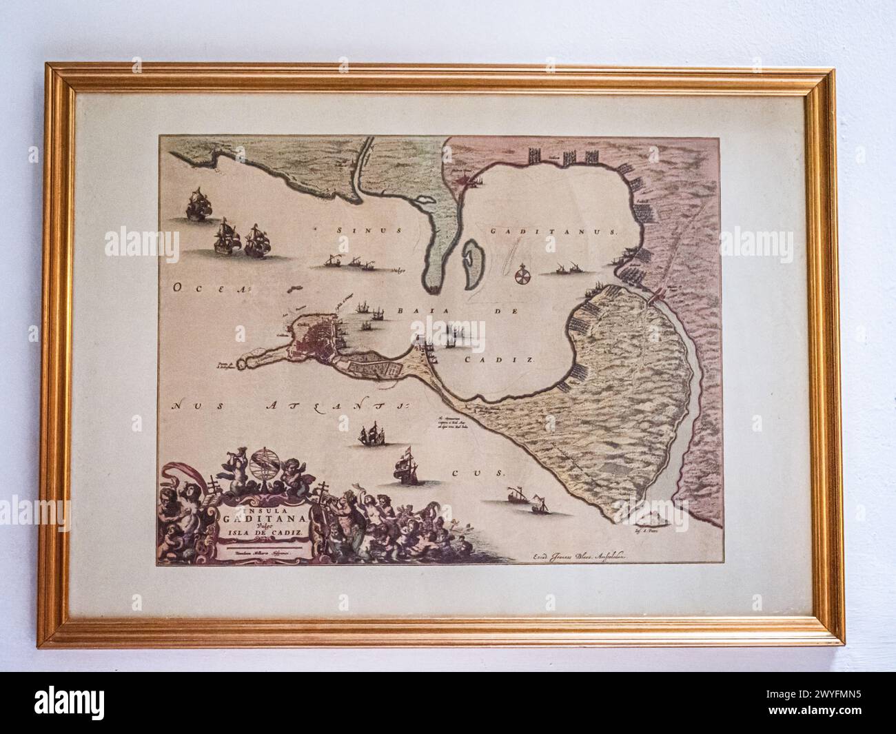 Old engraved map of Cadiz, ancient port city in the Andalusia, Spain ...