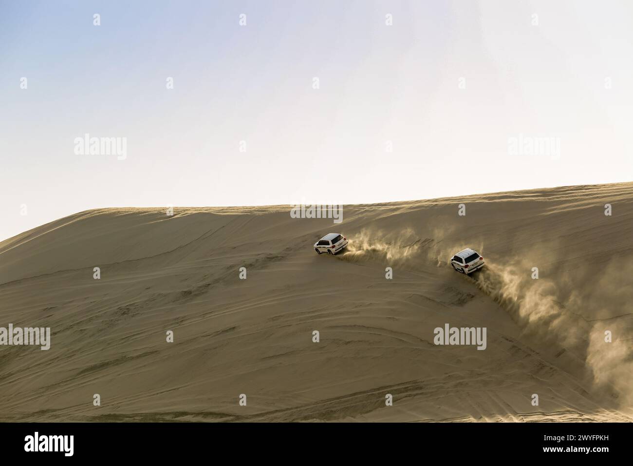 Desert safari in desert of Doha, Group of tourists make a safari with ...