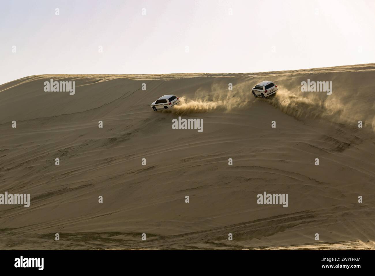 Desert safari in desert of Doha, Group of tourists make a safari with ...