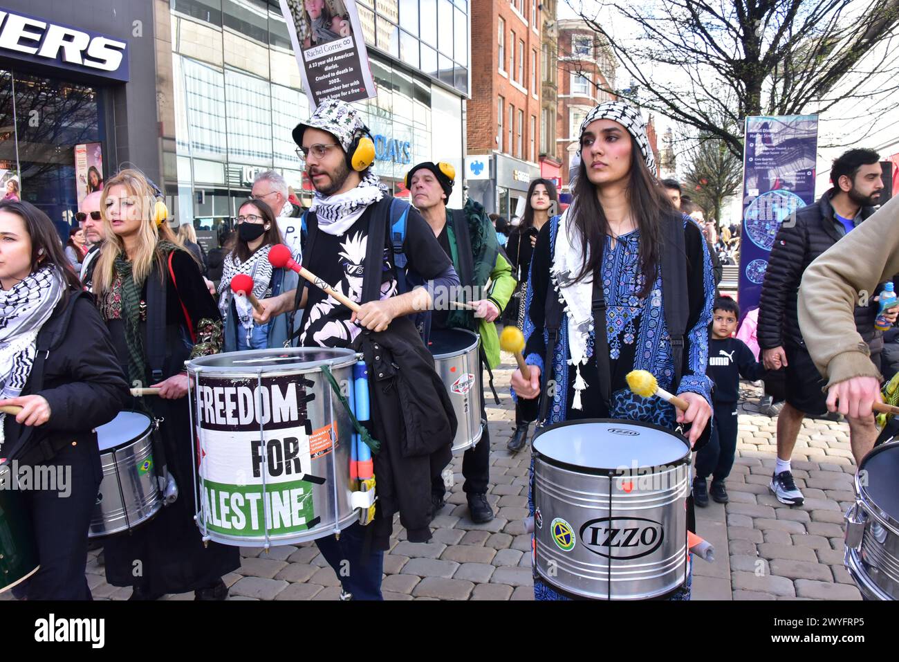 Drummers make music in a pro-Palestine protest, in central Manchester ...