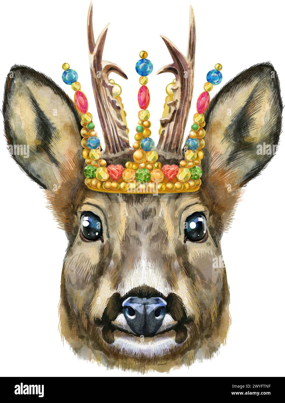 Watercolor drawing of the animal - roe deer in golden crown, sketch ...
