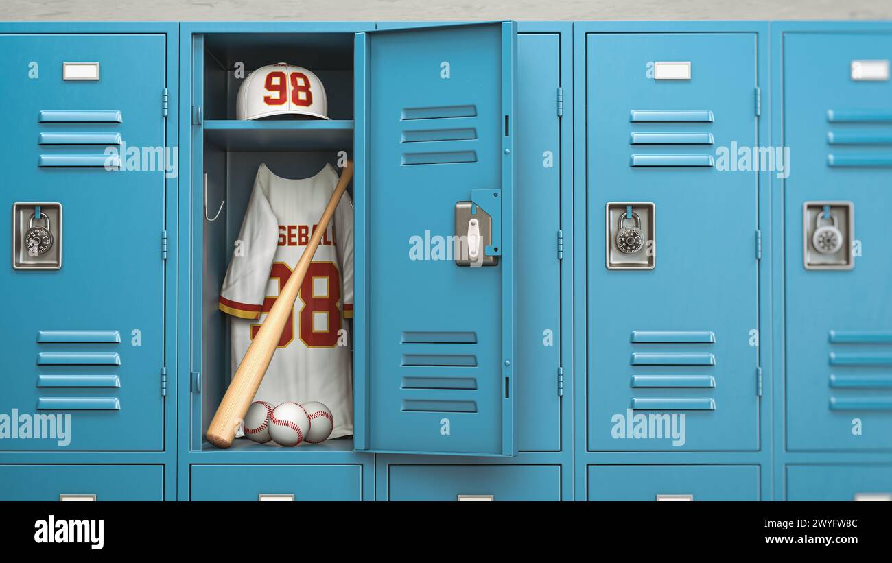 Baseball ball and bat in a school locker room. Baseball sport equipment ...