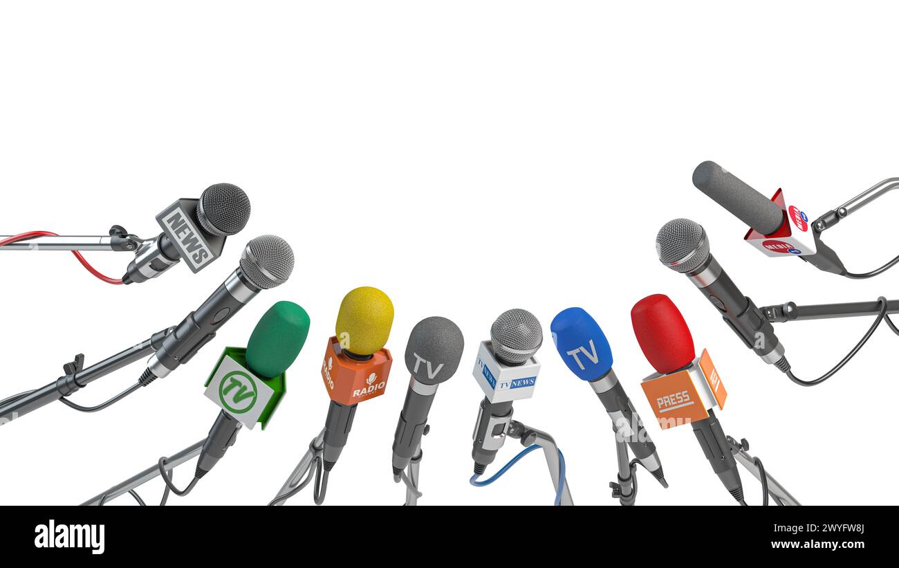 Microphones of different mass media isolated on white. Press conference ...