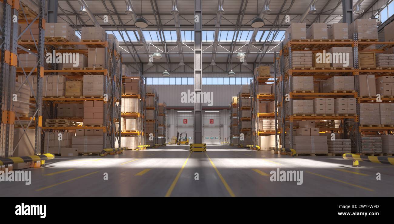 Retail warehouse full of shelves with cardboard boxes and packages ...