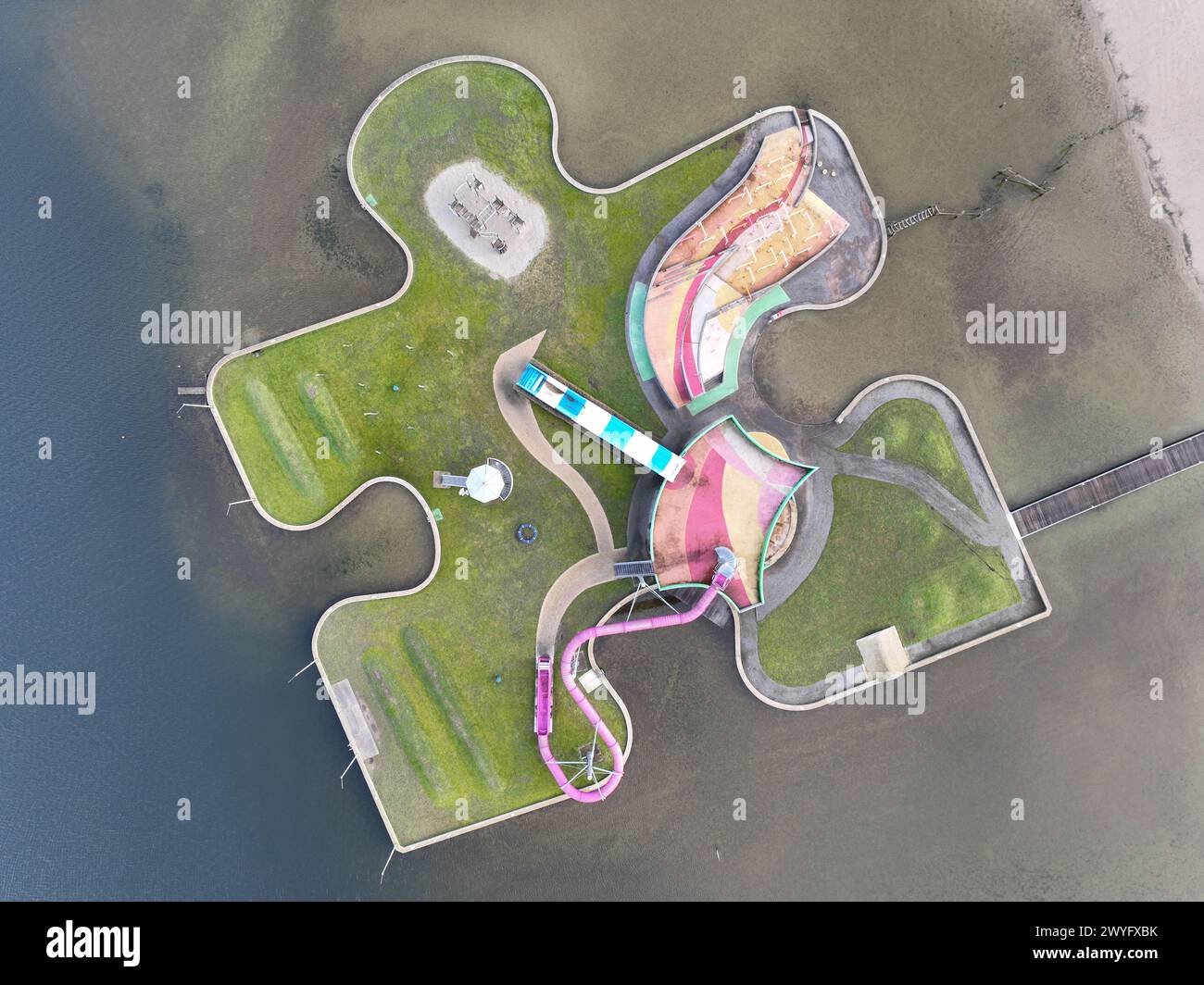 Aerial drone view on a childrens playground in the form of a large ...