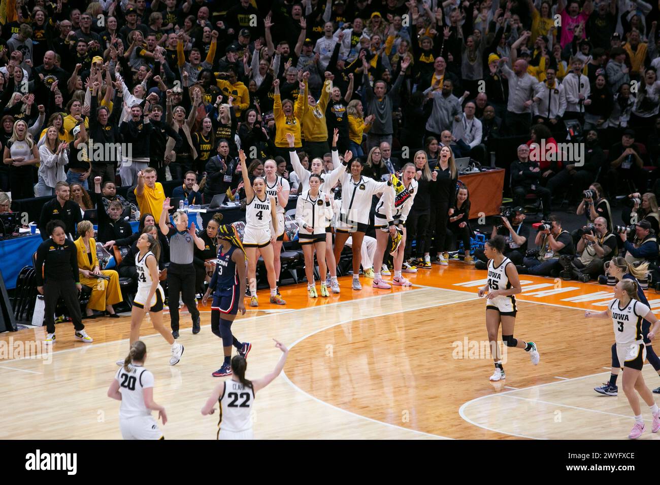 Cleveland, Ohio, USA. 5th April, 2024. Iowa Hawkeyes cheer from the ...