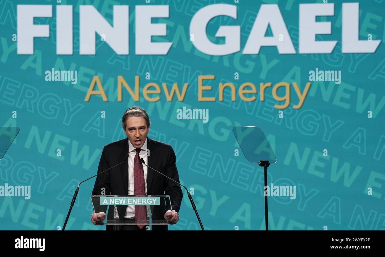 Fine Gael leader Simon Harris speaking at the 82nd Fine Gael Ard Fheis ...