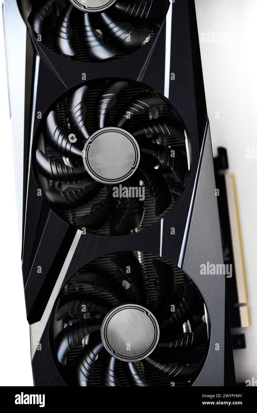 A black and white video card on a white background. Fans and the ...