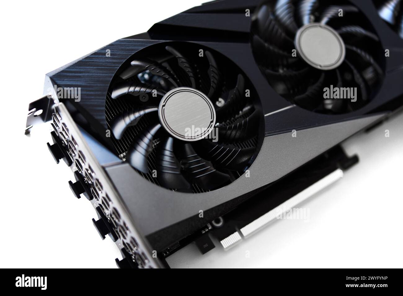 A black and white video card on a white background. Fans and the ...