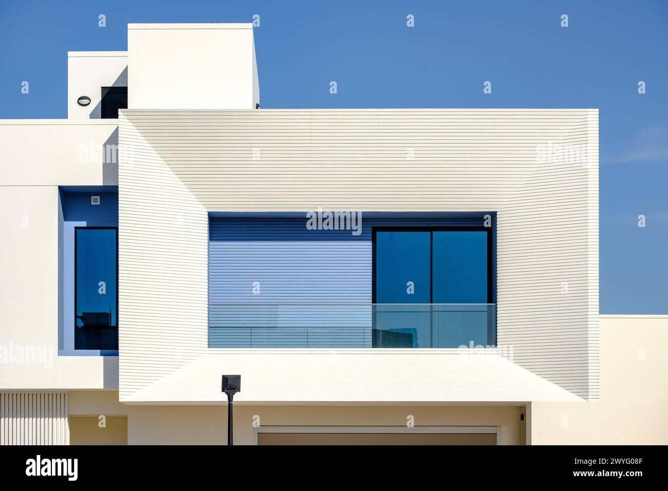 Balcony of a white and blue modern villa in a Middle Eastern, high-end ...