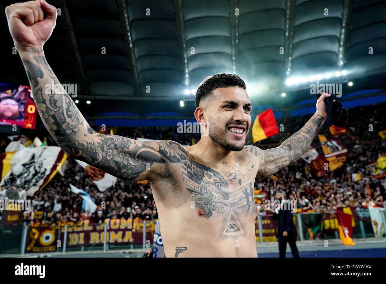 Rome, Italy. 06th Apr, 2024. Leandro Paredes of AS Roma celebrates the ...