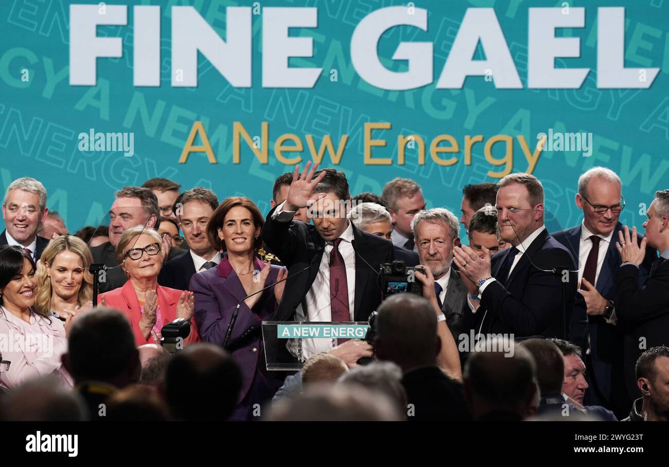 Fine Gael leader Simon Harris (centre) at the 82nd Fine Gael Ard Fheis at the University of ...