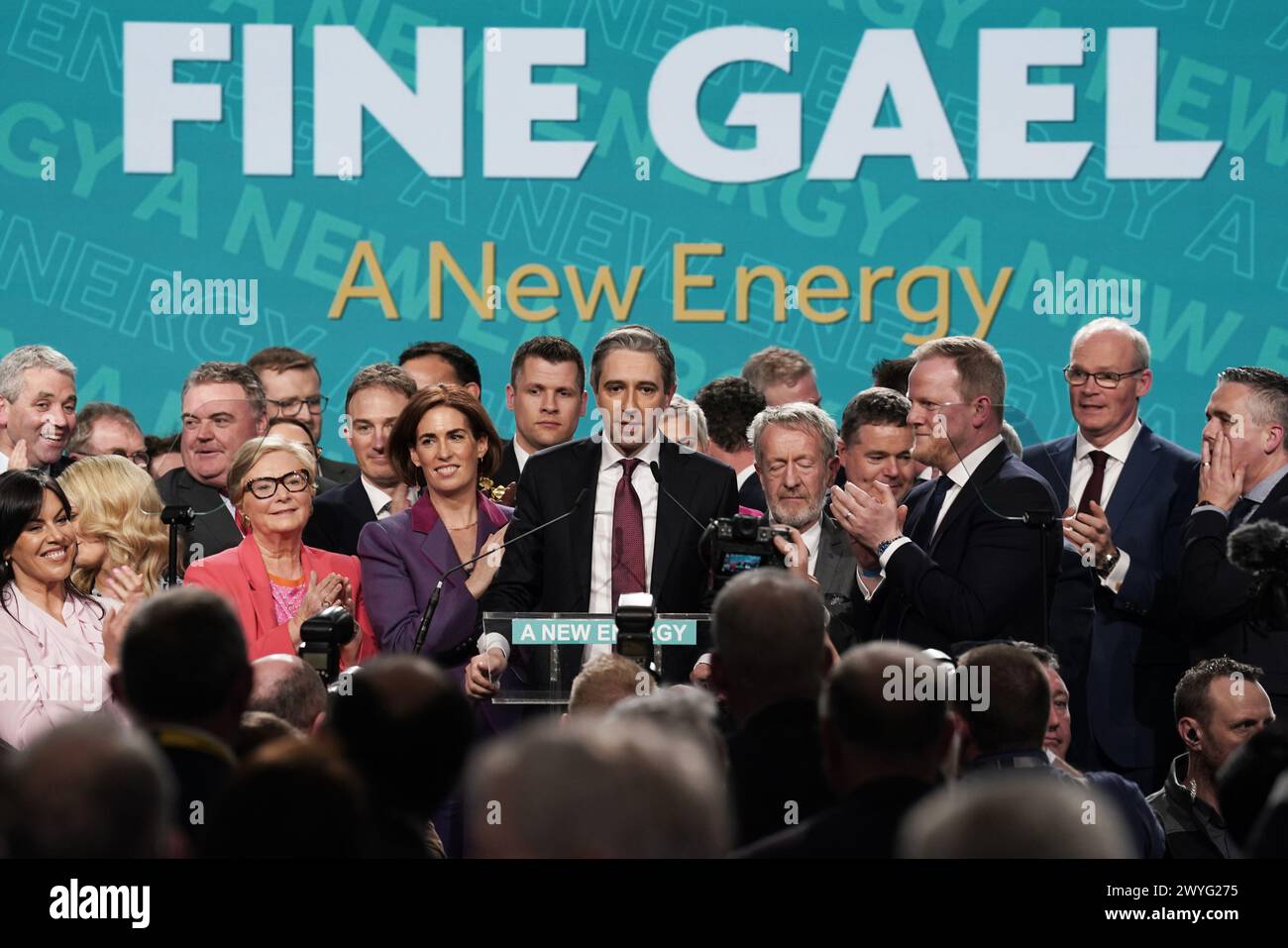 Fine Gael leader Simon Harris (centre) at the 82nd Fine Gael Ard Fheis at the University of ...