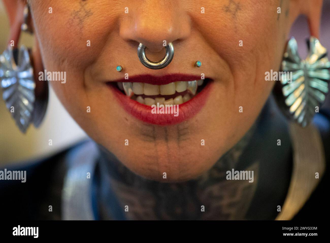 On April 6, 2024 in Lalitpur, Nepal. A woman with piercings in her face ...