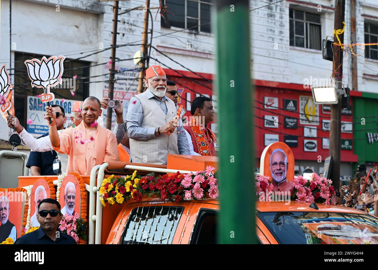 GHAZIABAD, INDIA - APRIL 6: Prime Minister Narendra Modi and Uttar Pradesh CM Yogi Adityanath ...