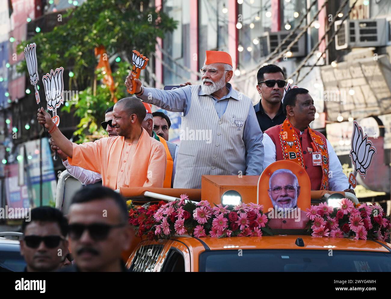GHAZIABAD, INDIA - APRIL 6: Prime Minister Narendra Modi and Uttar Pradesh CM Yogi Adityanath ...