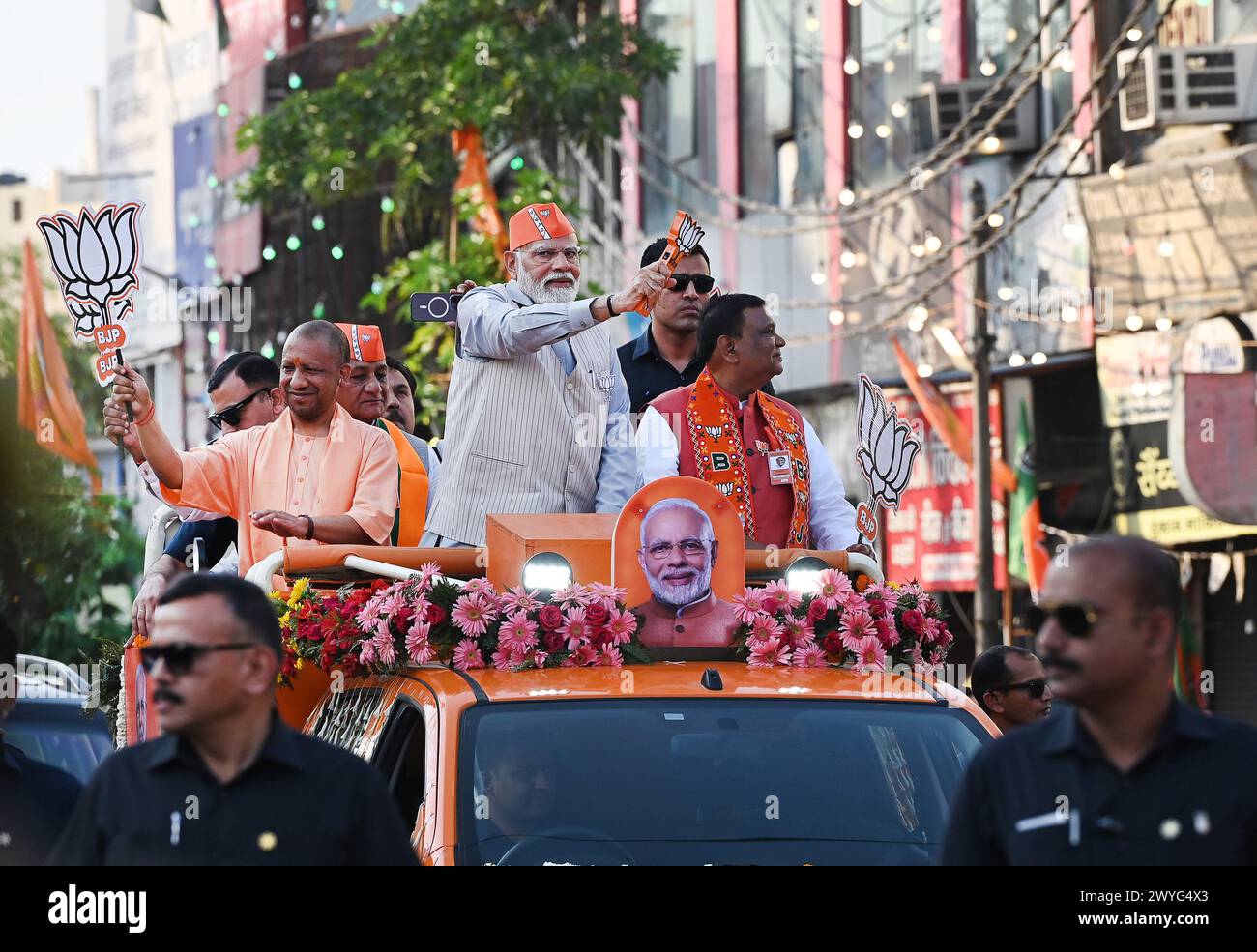 GHAZIABAD, INDIA - APRIL 6: Prime Minister Narendra Modi and Uttar Pradesh CM Yogi Adityanath ...