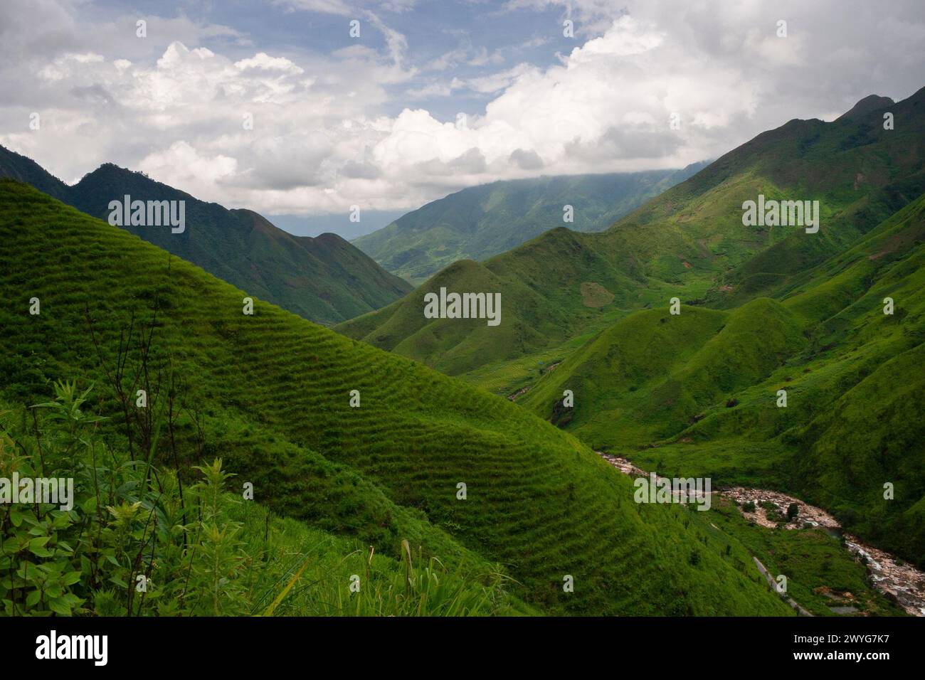 Mountains and river valley near Sapa in northern Vietnam in South East ...