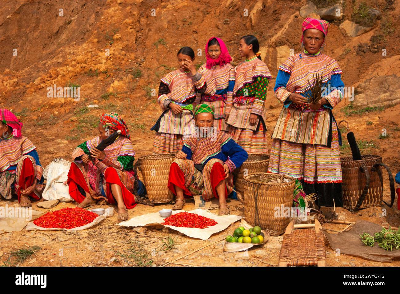 Flower Hmong women selling chilli at the Bac Ha market in the remote ...