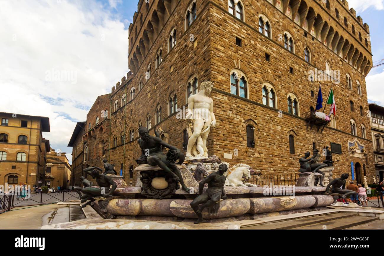 May 9, 2023 Florence, Italy.The Fountain of Neptune in a summer day in ...