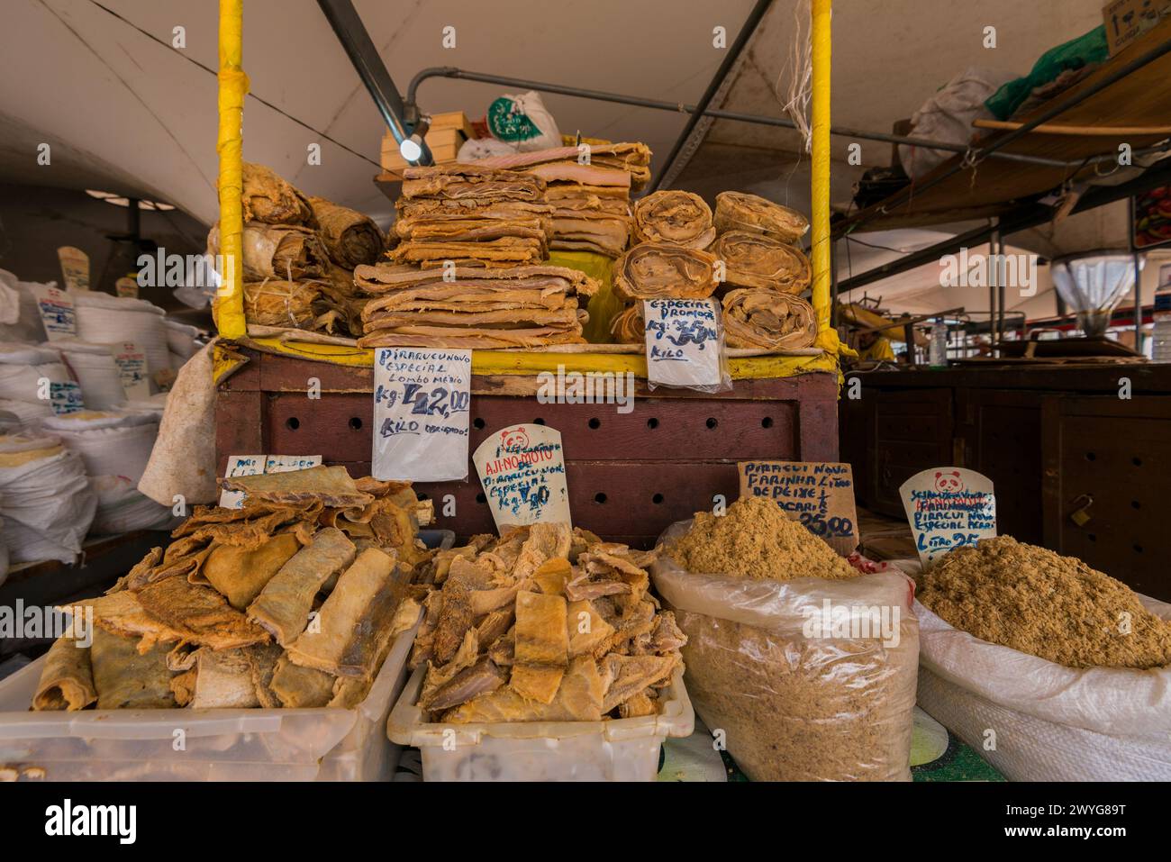 Belem, Brazil - December 26, 2023: Various dried pirarucu fish for sale ...