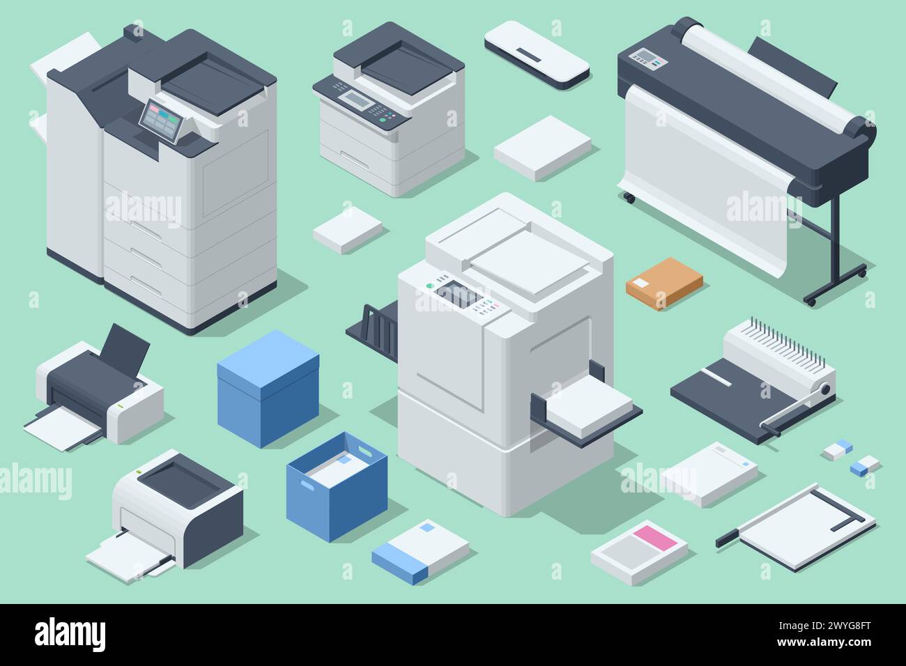 Isometric set of plotter, laminator, binder, cutter, risograph, laser printer and inkjet printer ...