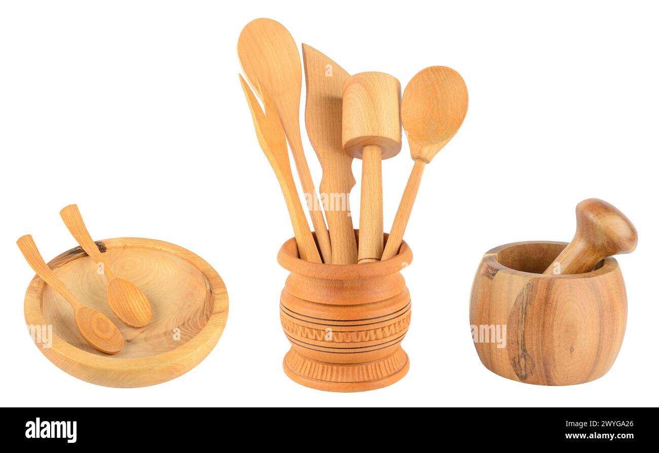 Kitchen wooden utensils (shovel, fork, spoon, cup, plate etc.) isolated ...