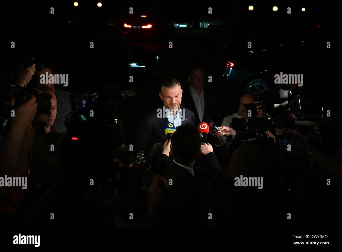 Presidential candidate Peter Pellegrini speaks to journalists in his ...
