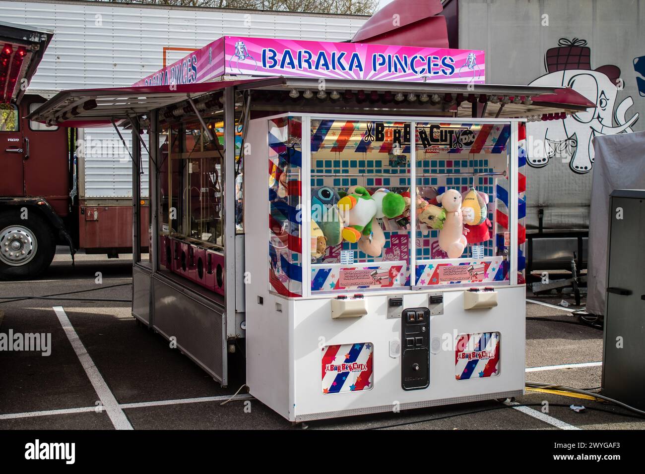 Reims France April 6, 2024 Funfair with its colorful stands located in ...