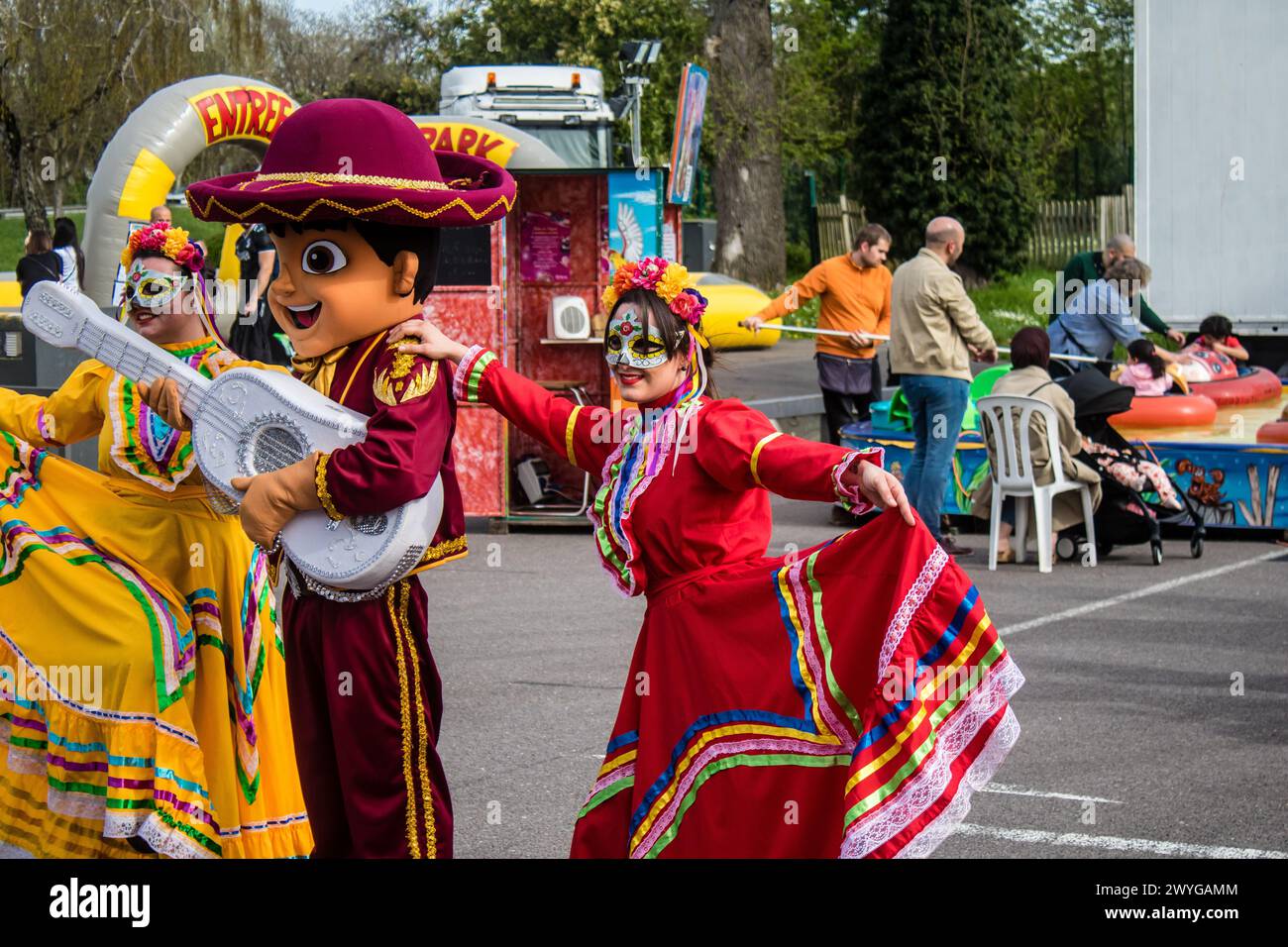 Reims France April 6, 2024 Funfair with its colorful stands located in ...