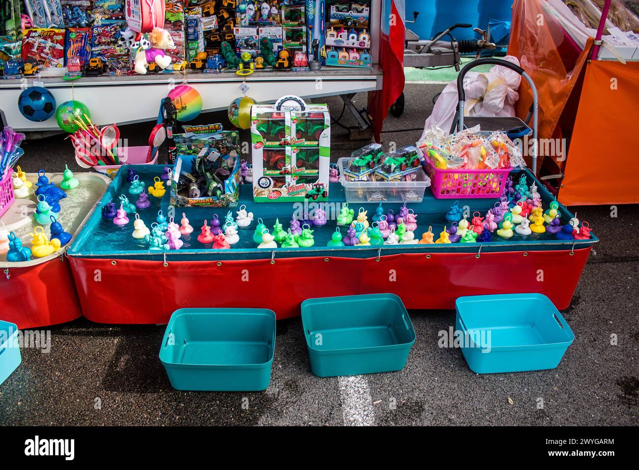 Reims France April 6, 2024 Funfair with its colorful stands located in ...