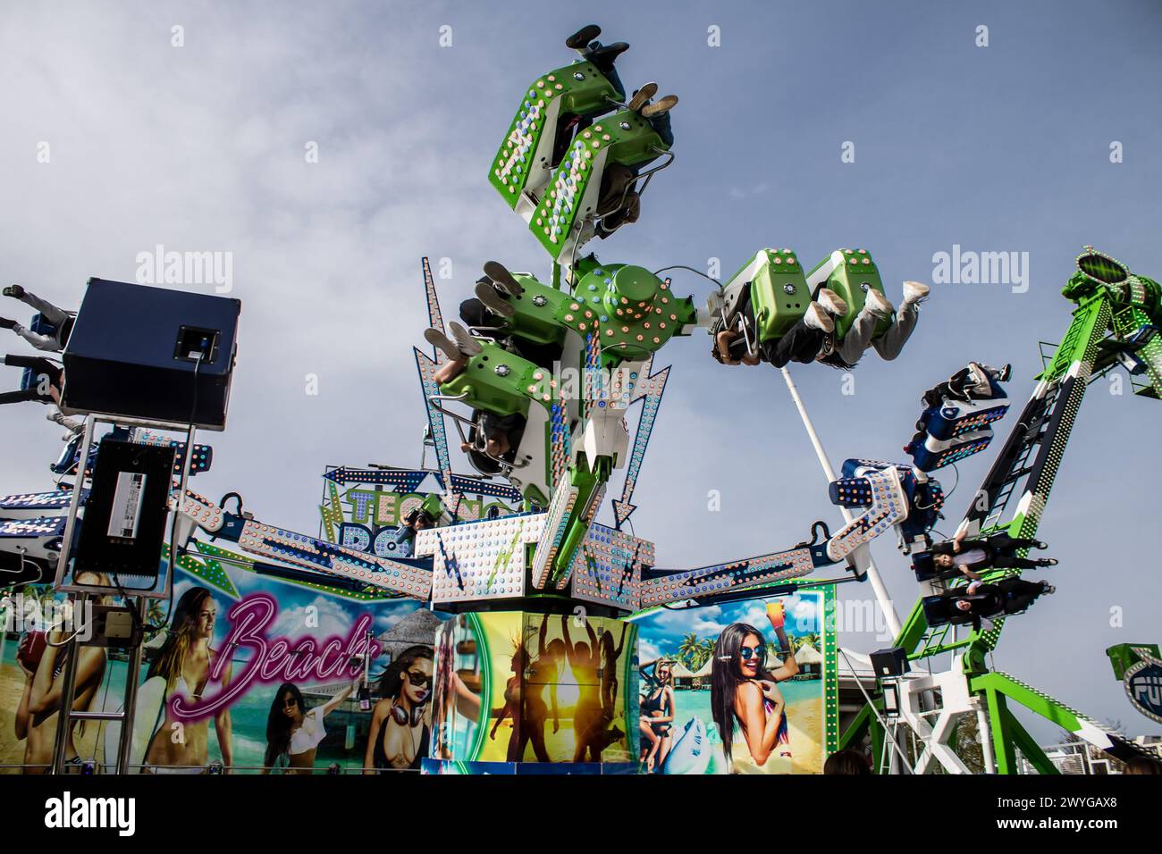 Reims France April 6, 2024 Funfair with its colorful stands located in ...