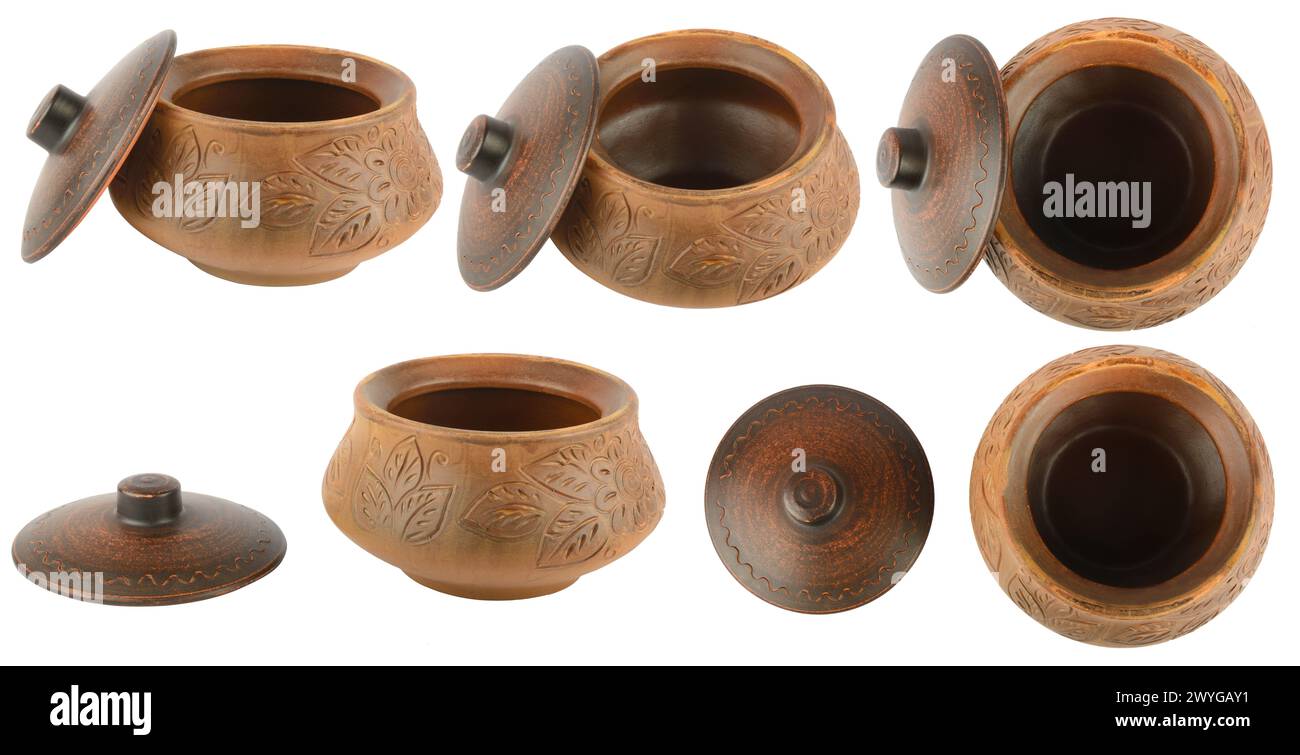 Collection beautiful ceramic pots with lid from different angles ...