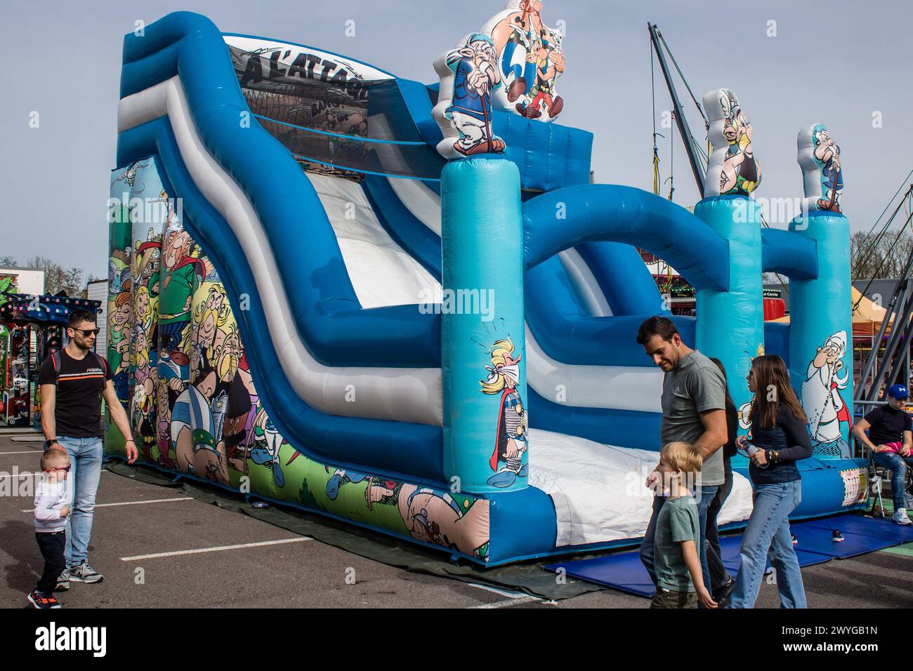 Reims France April 6, 2024 Funfair with its colorful stands located in ...