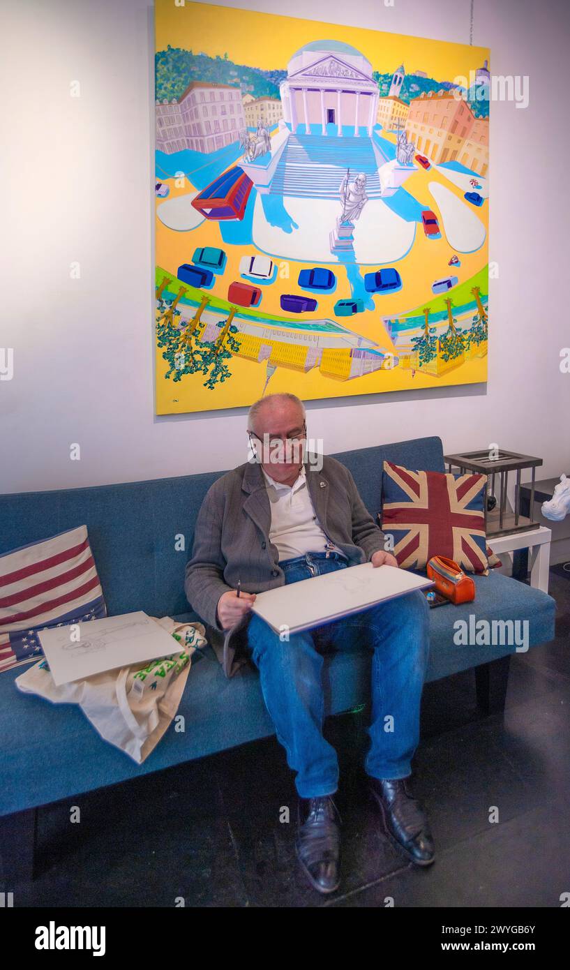 Italy Piedmont Turin The artis Painter Stefano Galli in a gallery while ...