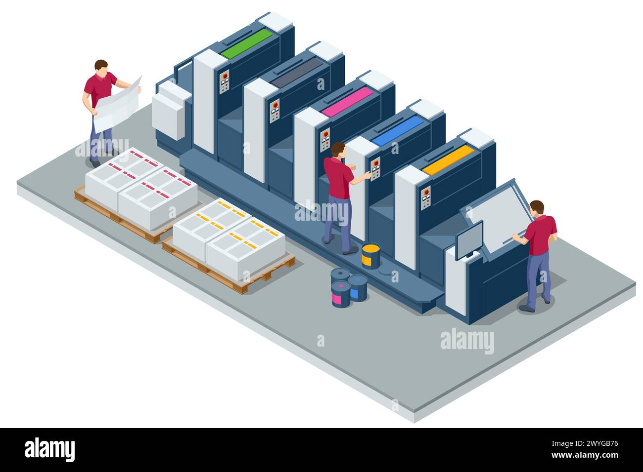 Isometric offset printing machine during production. Printing presses at work in the printing ...