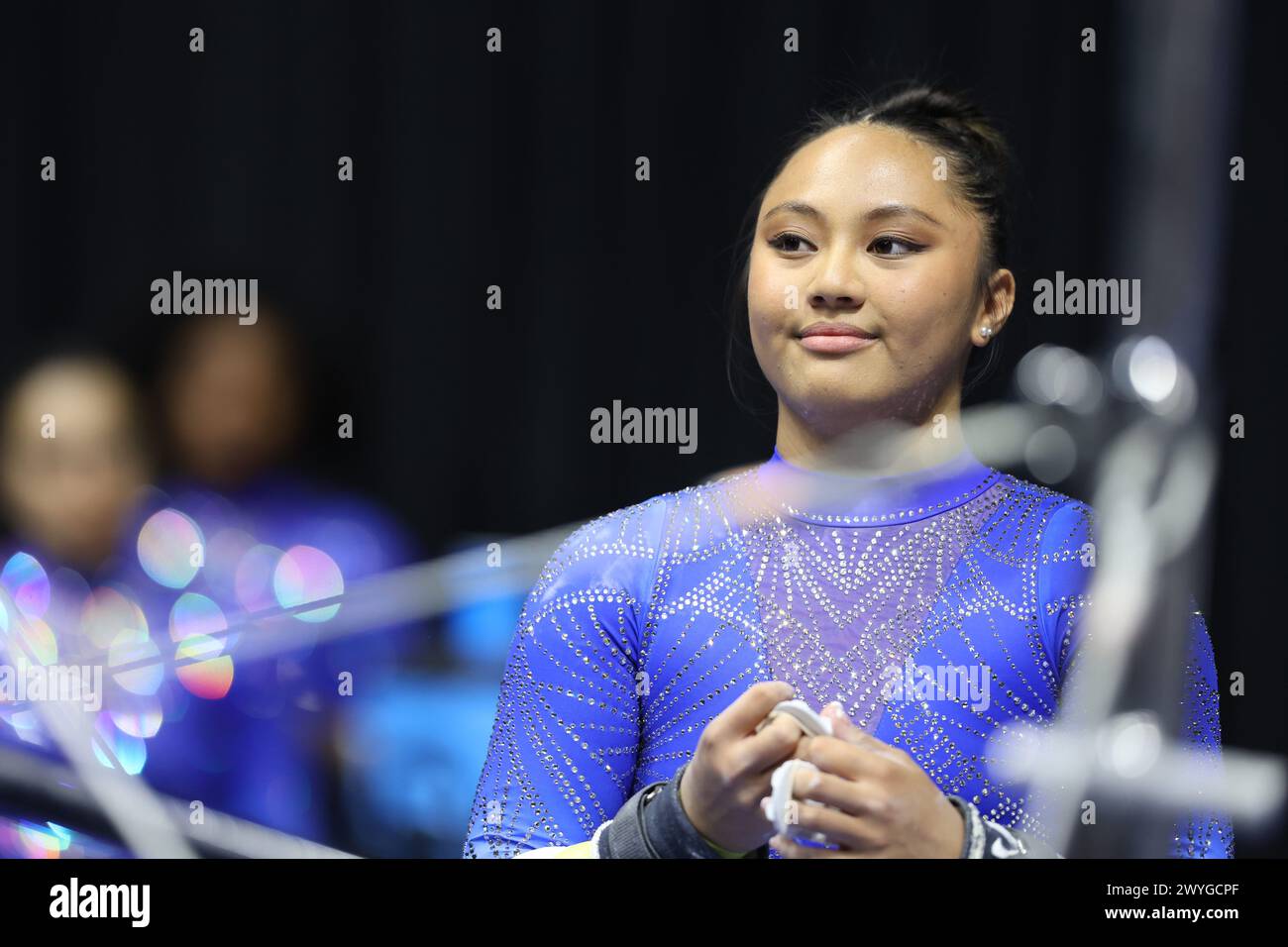 April 5, 2024: Gymnast Emma Malabuyo from UCLA looks on before ...