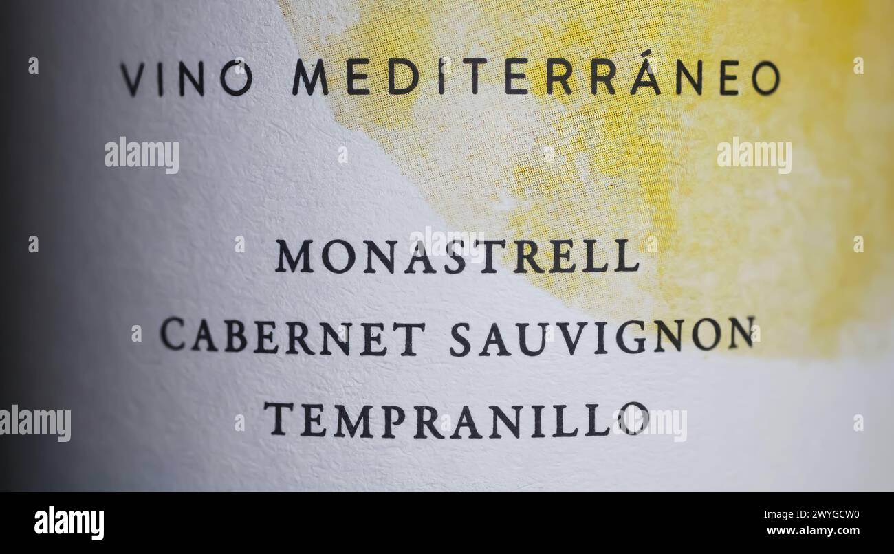 Spanish red wine bottle label with a list of Mediterranean grape ...