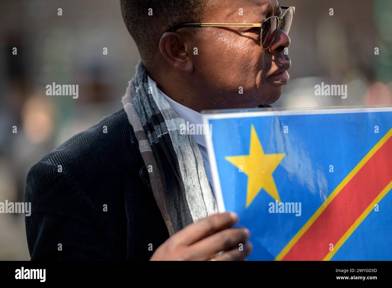 April 6, 2024, Rome, Italy: A man displays the Congo flag during the ...