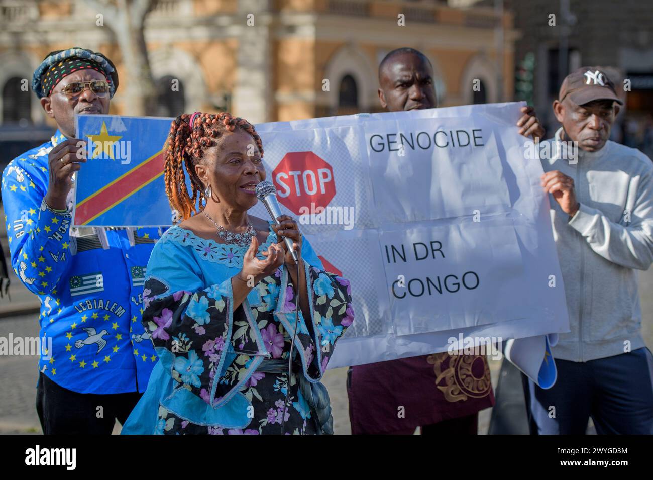 April 6, 2024, Rome, Italy: Protesters display the Congo flag and a ...