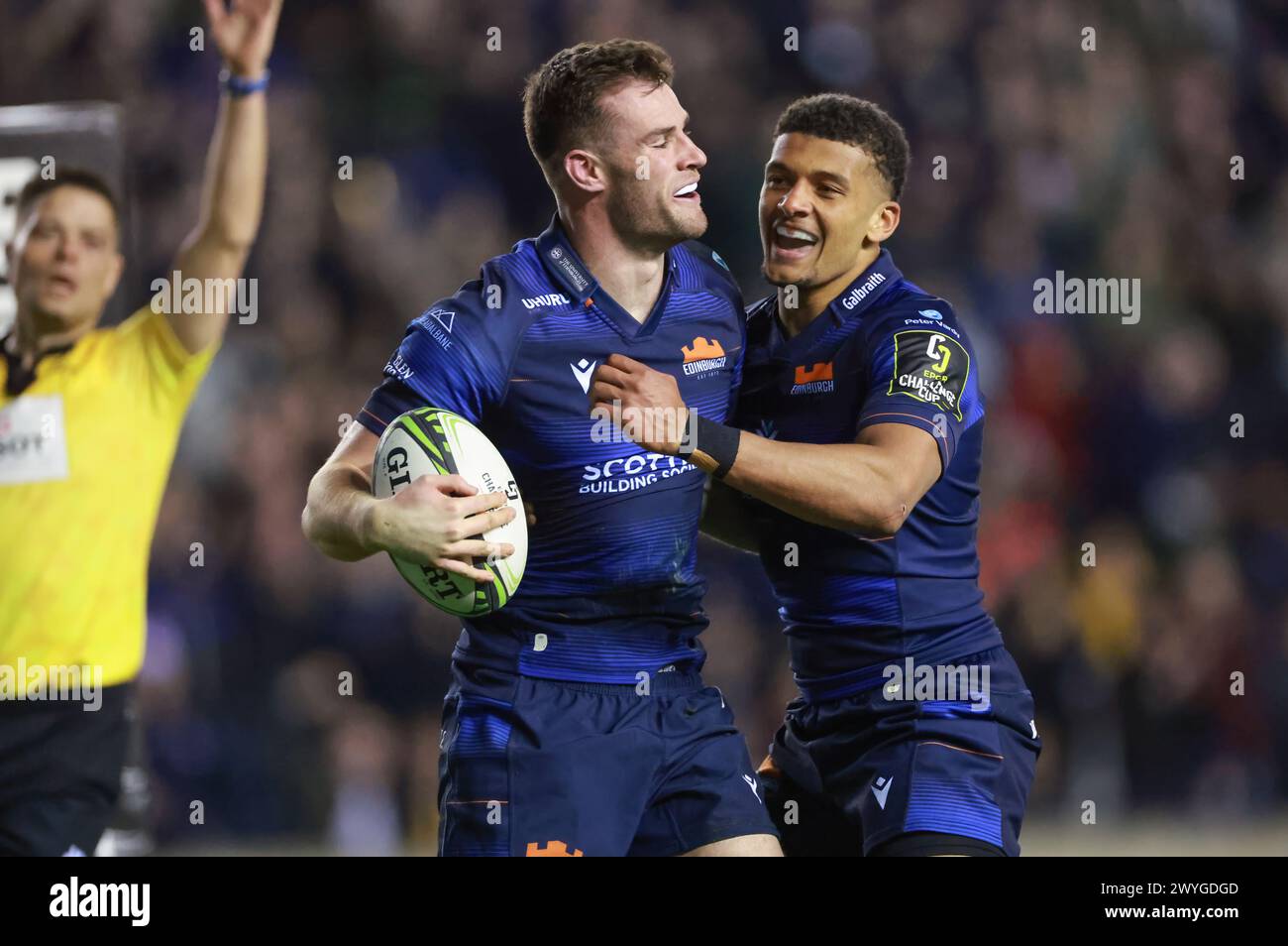 Edinburgh’s Matt Currie (left) celebrates scoring his side's second try ...
