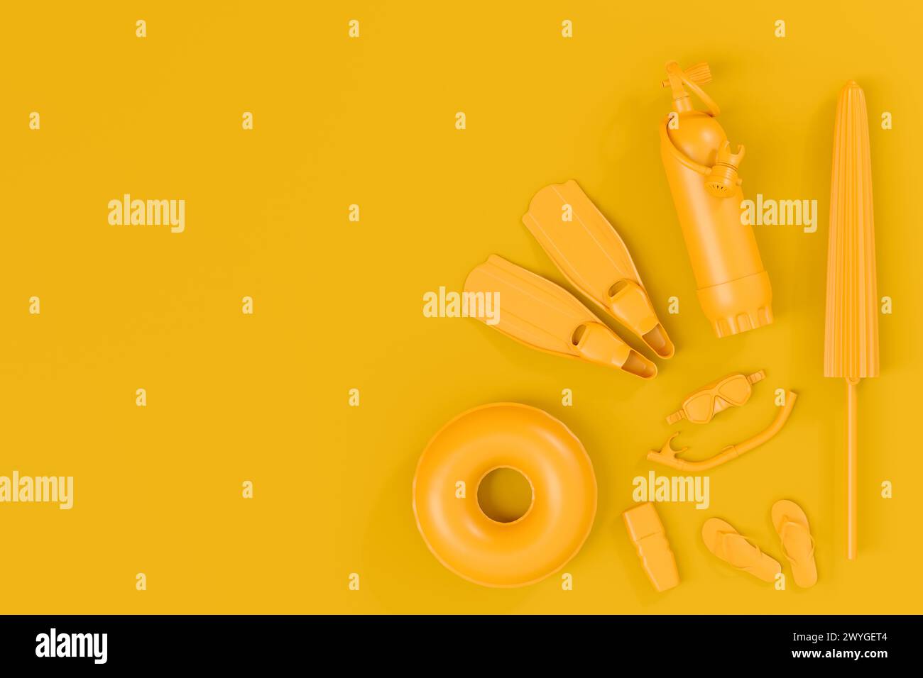 Colorful scuba stuff and beach accessories like umbrella, flip flops ...