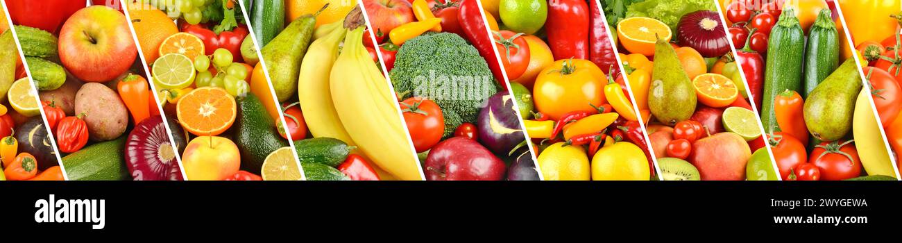 Assorted fruits, vegetables, berries separated by oblique lines. Wide ...